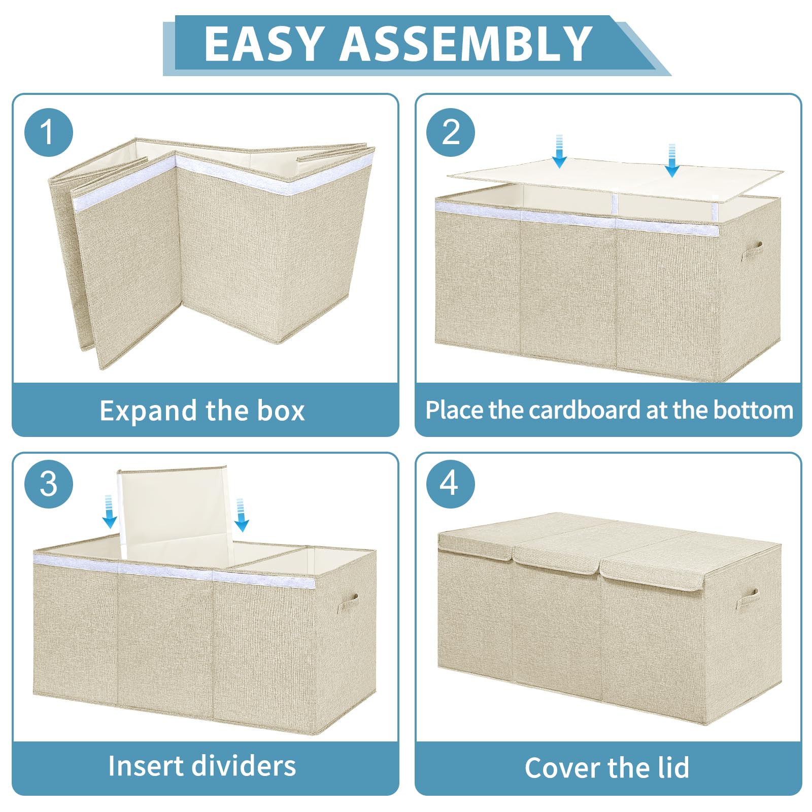 Hoyula Extra Large Fabric Toy Box Storage Container, Collapsible Sturdy Linen Organizer Chest with Lid Bins Basket for Kids, Nursery Room, Playroom, Closet, Beige, 1 pack