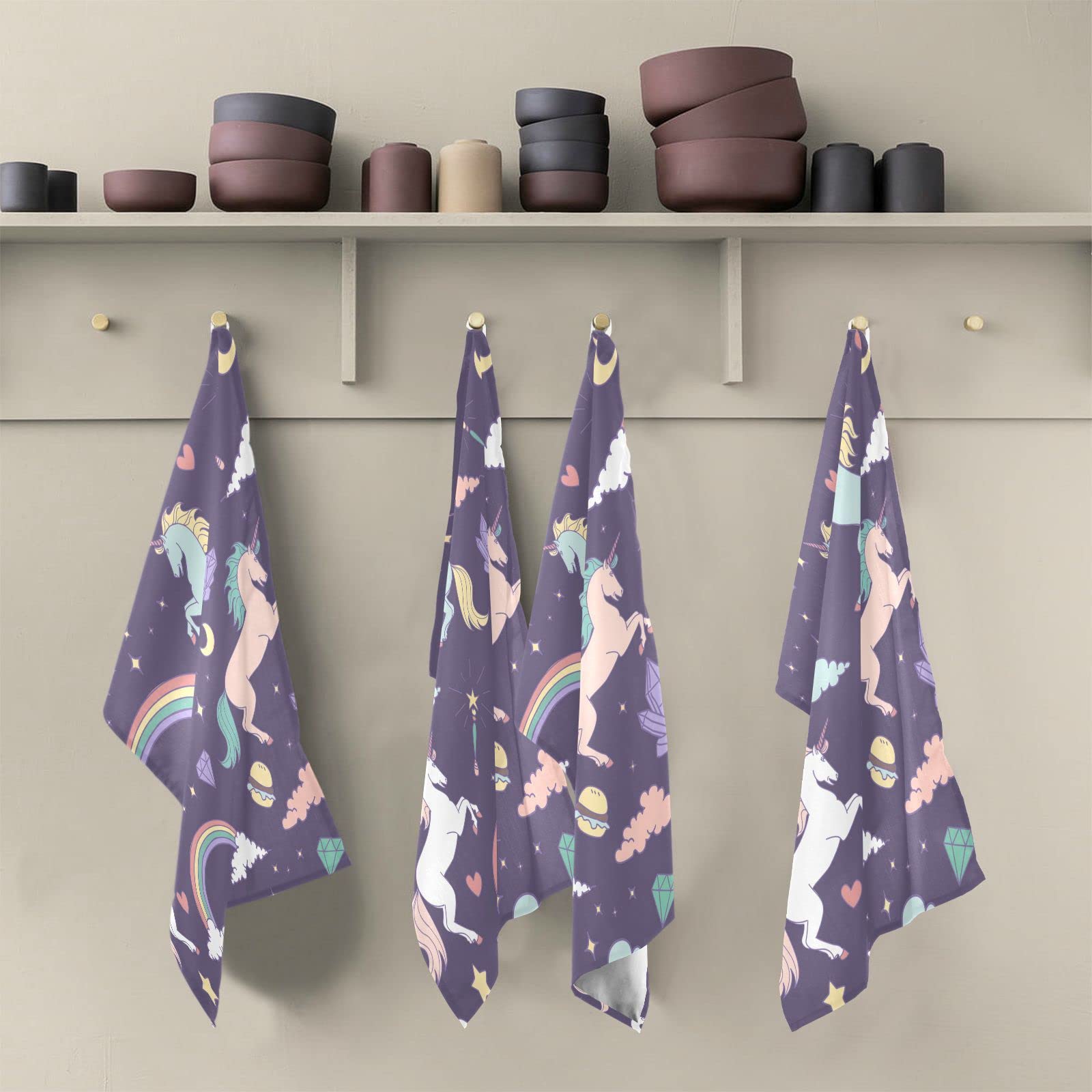Kigai 1 Pack Rainbow Star Unicorn Kitchen Towels Soft Highly Absorbent Dish Towels Reusable Tea Towels Set 28 x 18 Inch