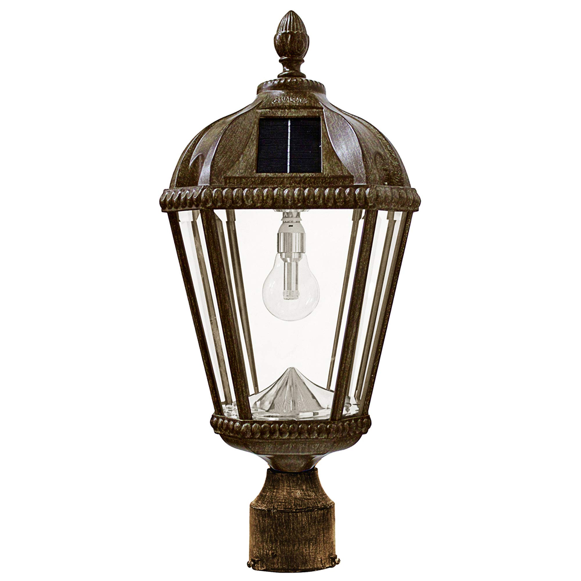 Gama Sonic Outdoor Solar Lamp Post Light, Weathered Bronze Finish Aluminum, Royal Bulb, Beveled Glass, 3-inch Fitter for Lamp Posts, 98B312, Upgraded