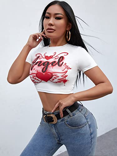 SOLY HUX Women's Graphic Tees Y2k Crop Top Short Sleeve T Shirt Tee Summer Tops White M