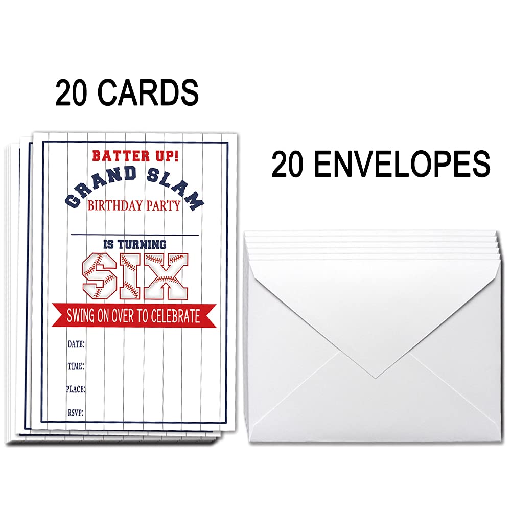 ukebobo 6th Birthday Party Invitations with Envelopes – Batter Up Baseball Party Invitations, Baseball Party Decorations– 20 Cards With Envelopes(bq-06)