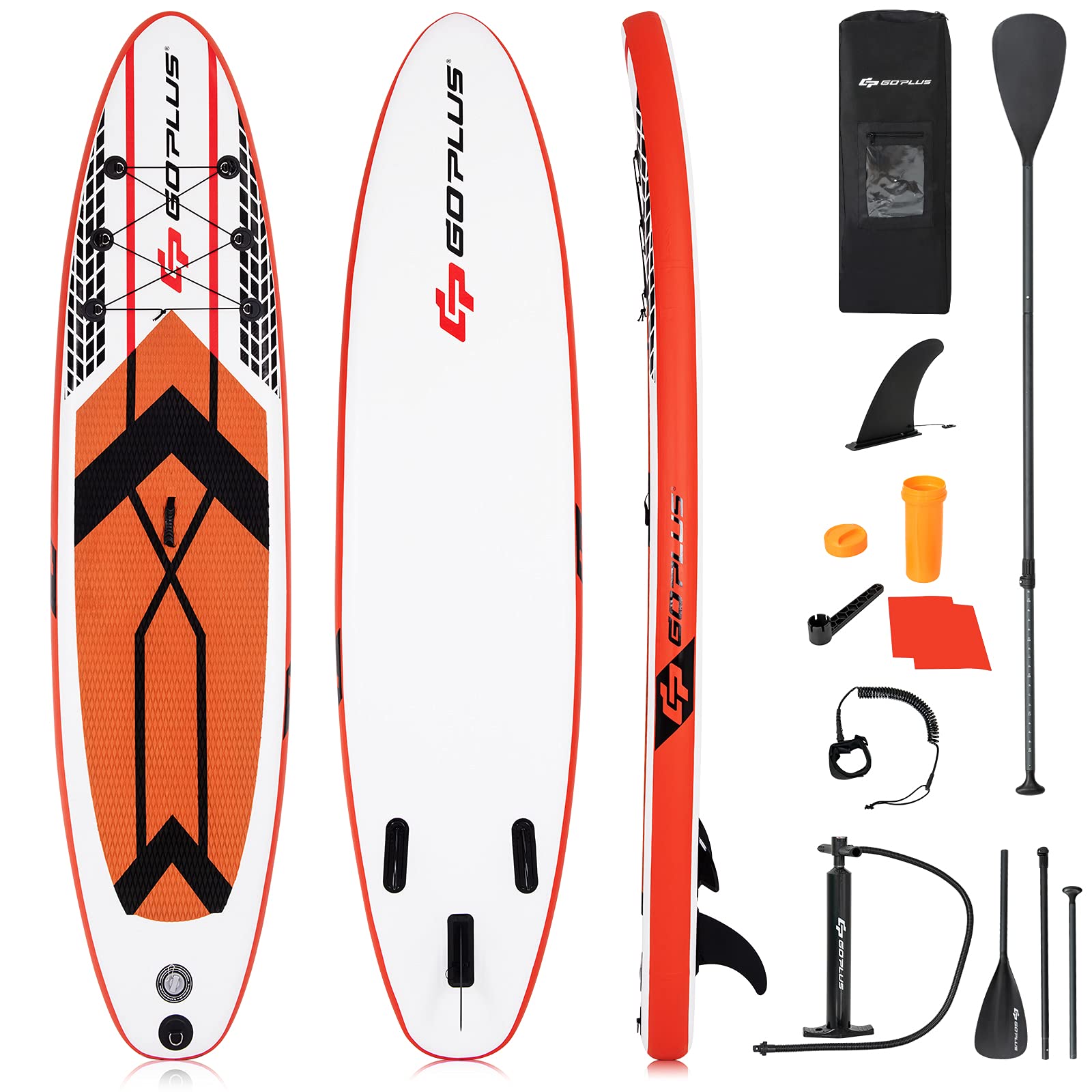 GOPLUS 10.5' Inflatable Stand Up Paddle Board SUP Cruiser with Fin, Adjustable Paddle, Hand Pump and Carry Backpack (Orange)