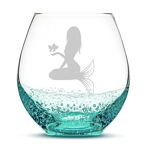 Integrity Bottles, Mermaid Design #5, (Single) Stemless Wine Glass, Handmade, Handblown, Hand Etched Gifts, Sand Carved, 18oz (Bubble Sea Foam Green)