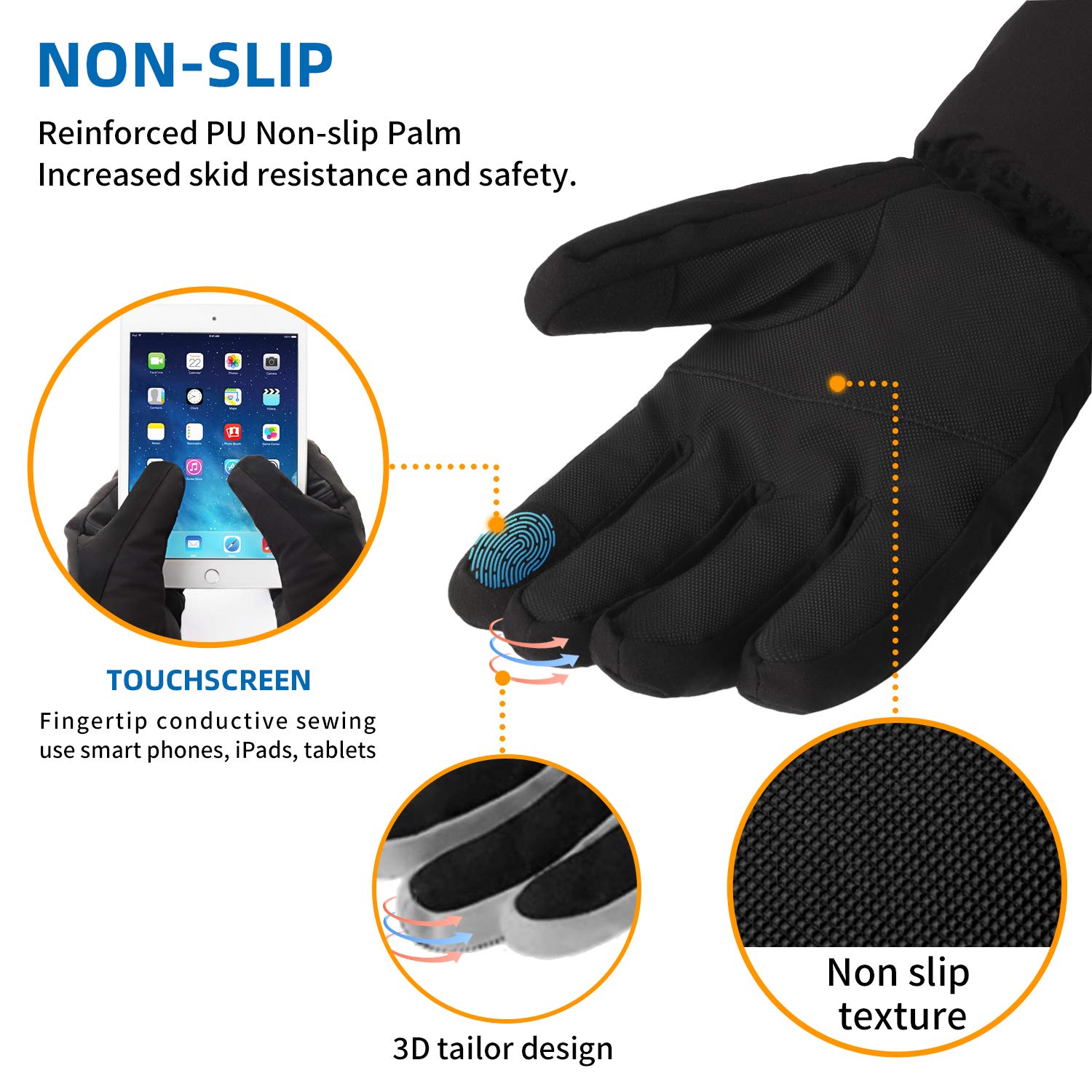 HiCool Ski Gloves, Snow Gloves Waterproof Thermal Touchscreen Gloves for Women Men Cold Weather Snowboard Gloves, Black, Medium
