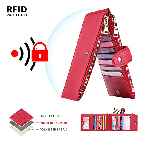 LOKNGXU Wallet for Women RFID Blocking Large Capacity Multi Card Bifold Wallet with Zipper Pocket (Red)