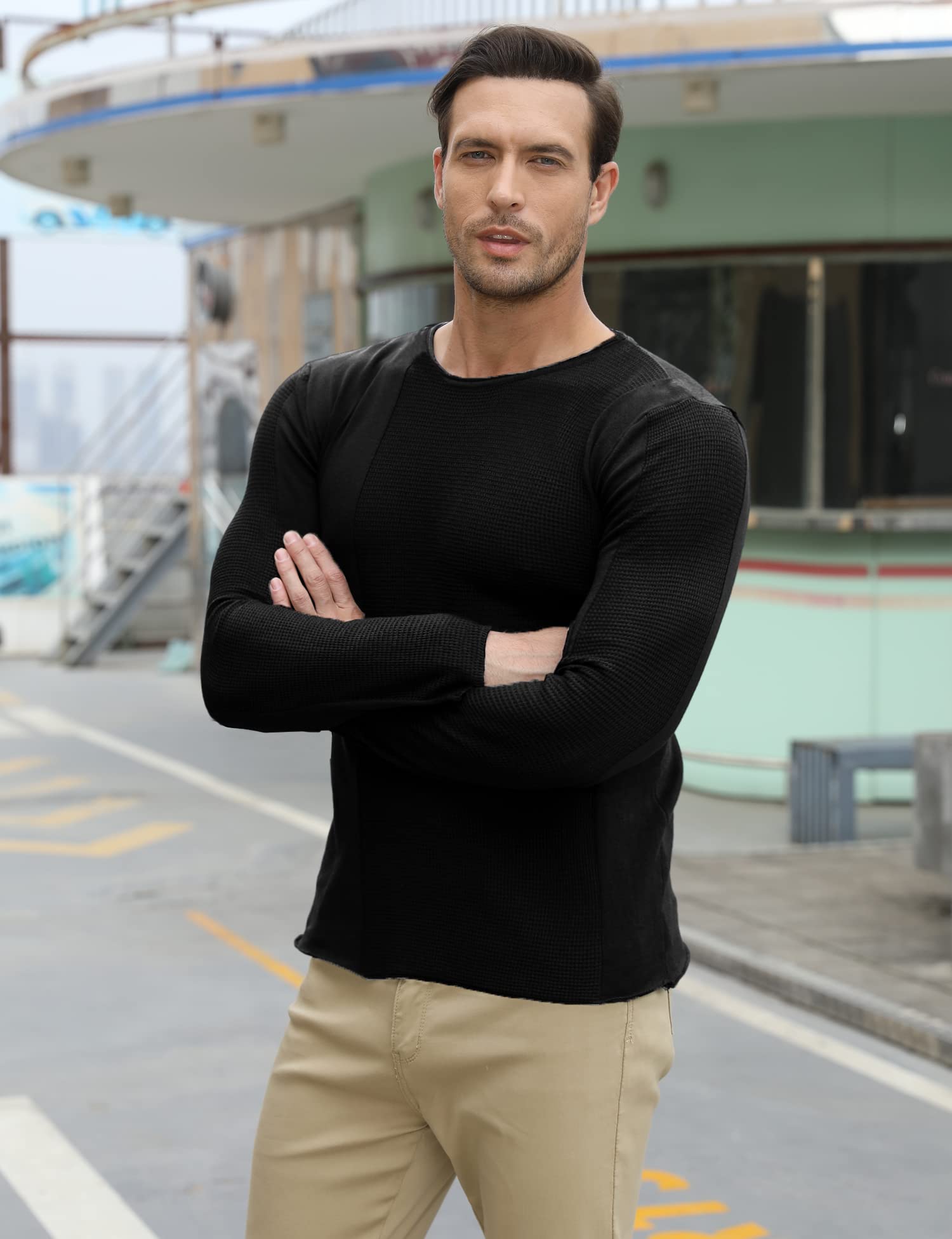 KELLORENA Men's Muscle T Shirts Stretch Long Sleeve Workout Tee Casual Slim Fit Gym Athletic T Shirts for Men Black