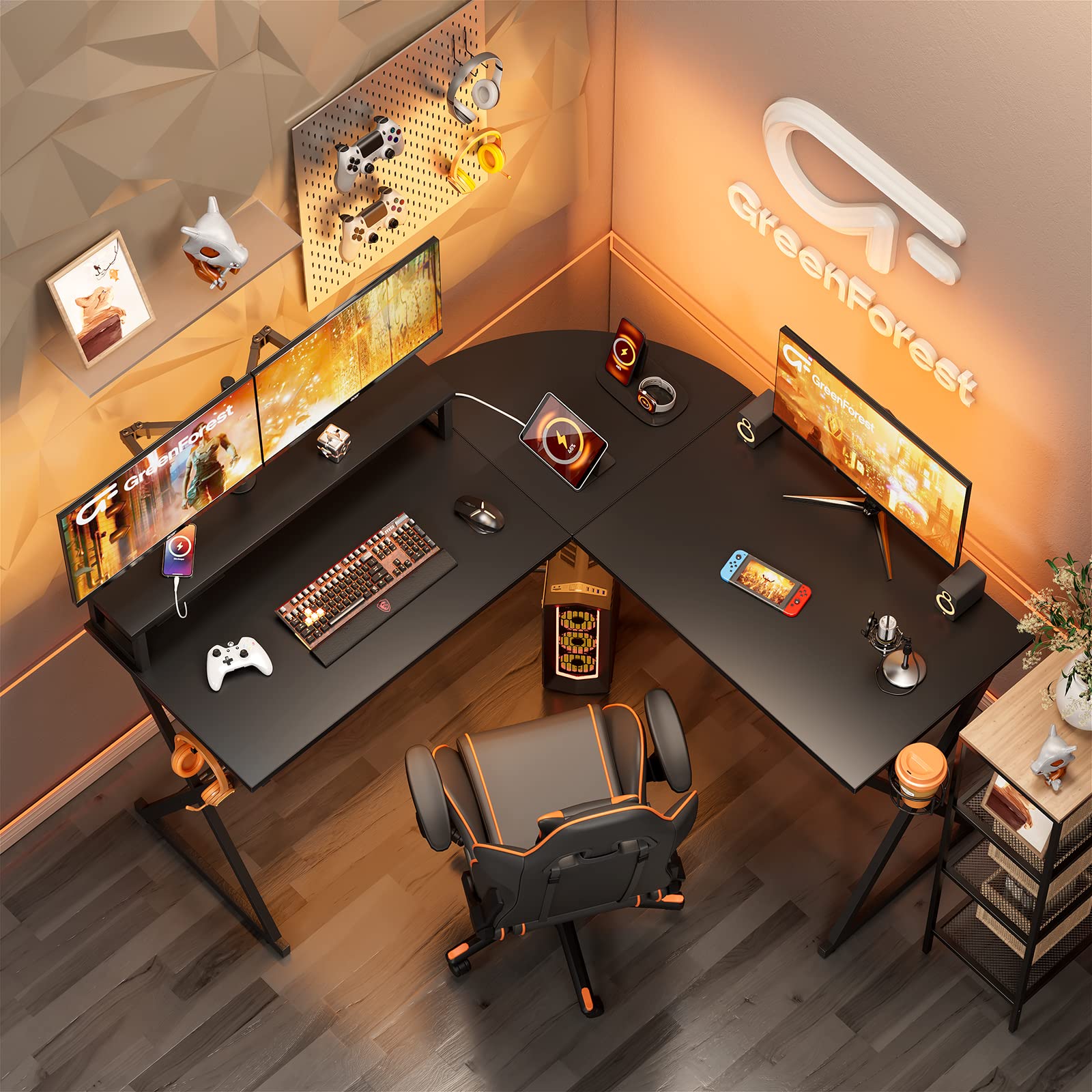 GreenForest L Shaped Desk with Power Outlets, 50.6 Inch Gaming Desk with Reversible Desktop Monitor Stand, Corner Computer Desk with Headphone Hook Cup Holder, Black