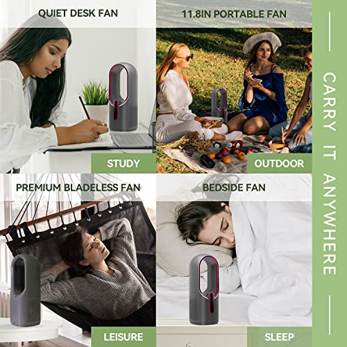 Misby Desk Fan, Rechargeable Battery Powered or USB-Powered Bladeless Fan,11.8 Inch Portable Fan, 3 Speeds Table Fan, Touch Control, Grey Low Power Cooling Fans for Bedroom, Home, Office