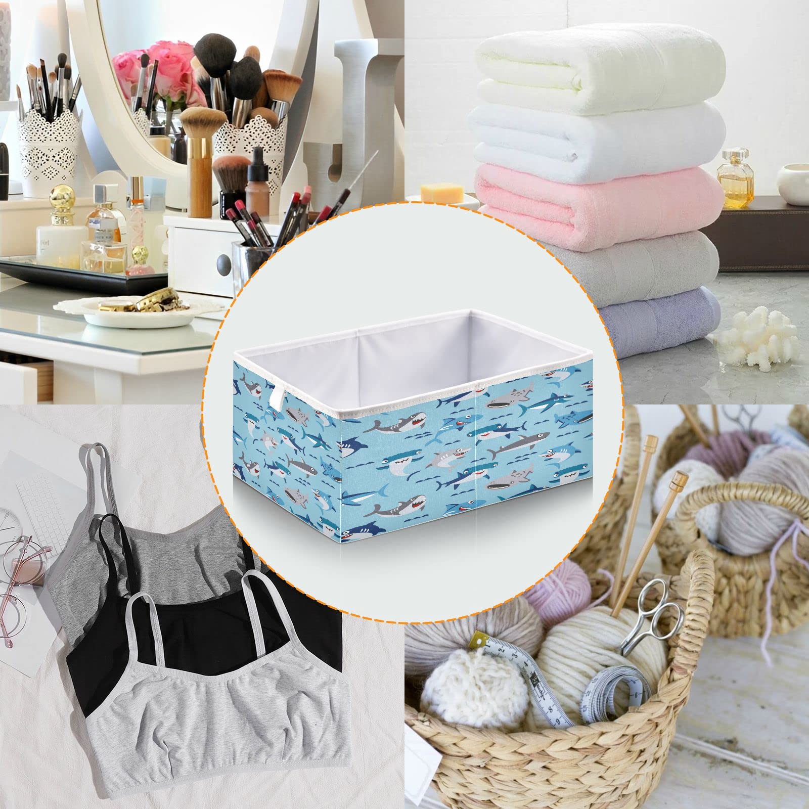 Kigai Cute Sharks Storage Baskets, 16x11x7 in Collapsible Fabric Storage Bins Organizer Rectangular Storage Box for Shelves, Closets, Laundry, Nursery, Home Decor