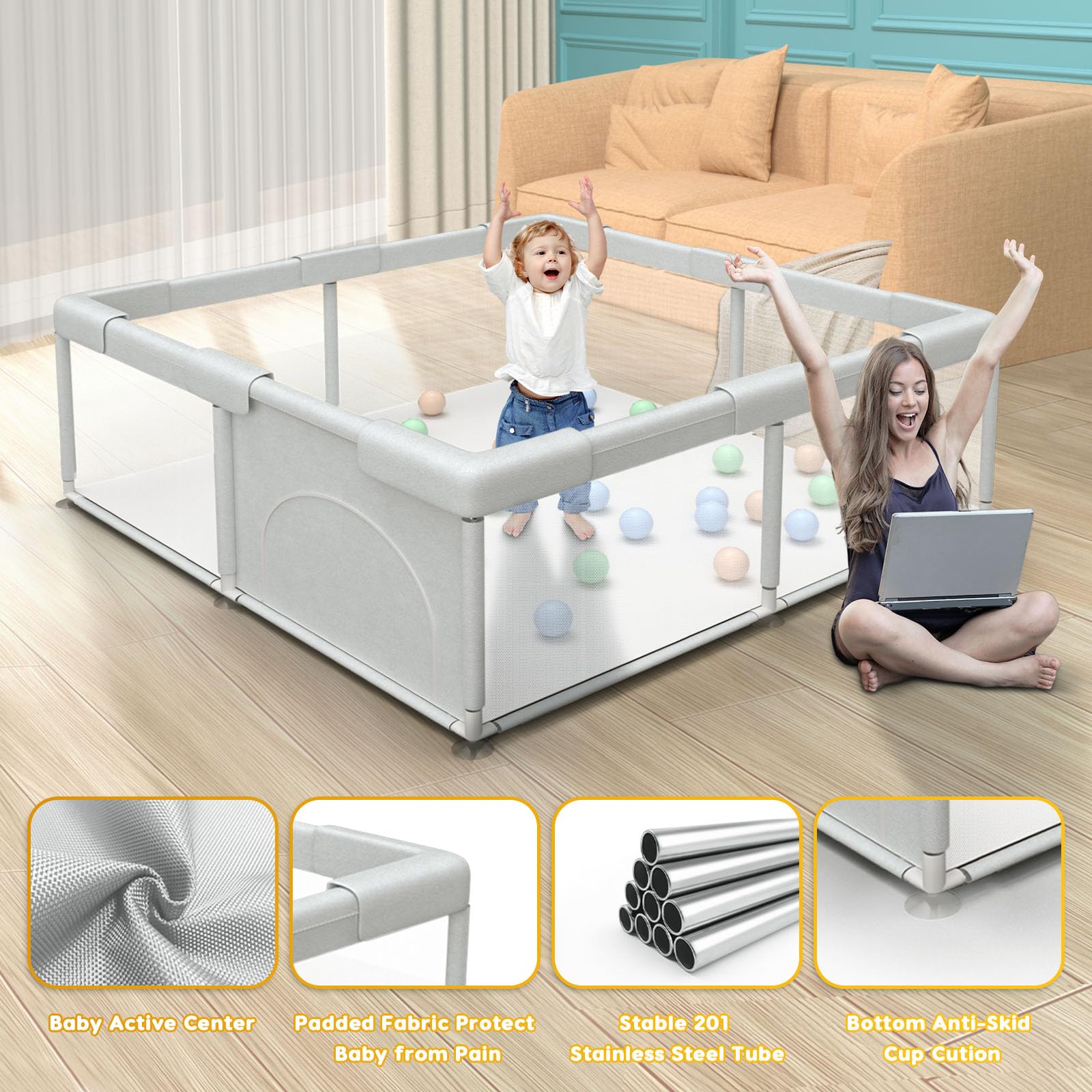 Hiaksedt Baby Bassinet Bedside Sleeper,Portable Crib& Playpen,Crib for Newborn 50x50'' Grey