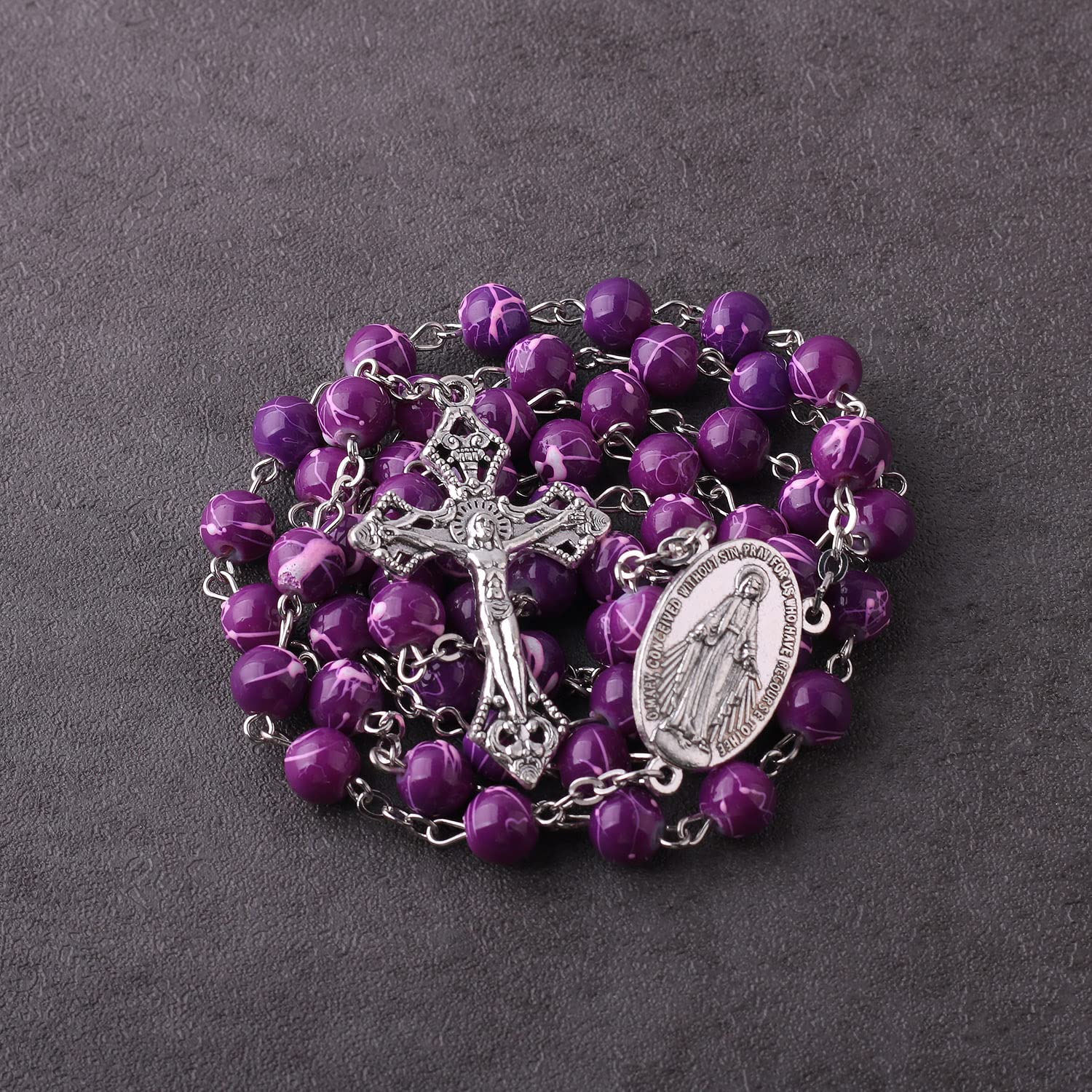 Luomu 8mm Glass Beads with Beautiful Pattern Printed Catholic Chain Rosary Necklace with Virgin Mary Miraculous Medal and Crucifix (Green)