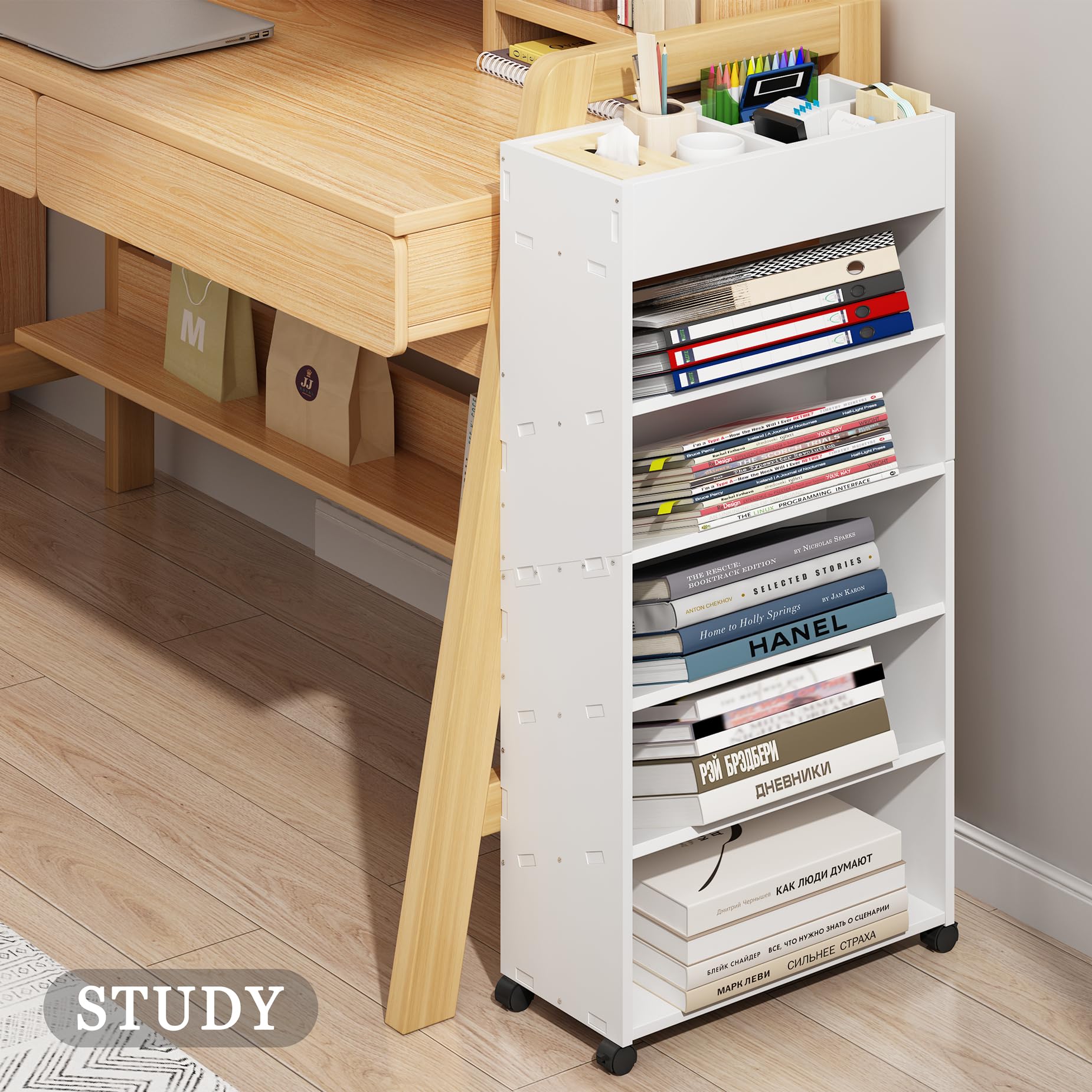 HAYOFAMY 6-Tier Rolling Book Cart, Mobile Bookshelf with Wheels, File Folder Utility Organizer for Study Office Living Room Classroom, White