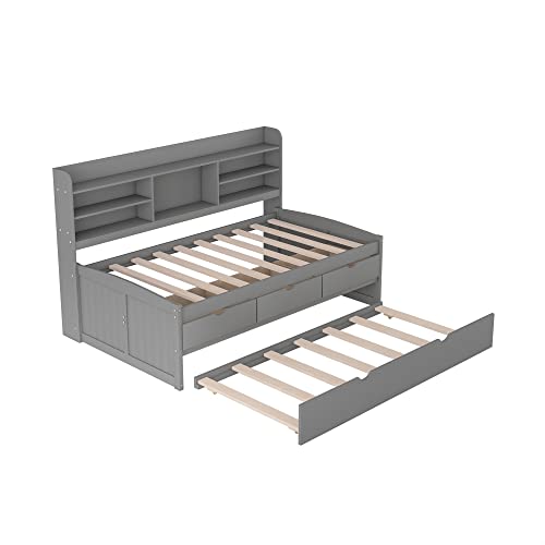 SOFTSEA Twin Size Daybed with Bookcase Headboard, Twin Captains Bed with Trundle and Storage Drawers, Wood Captains Bed with Slats Support for Kids Guests, Gray