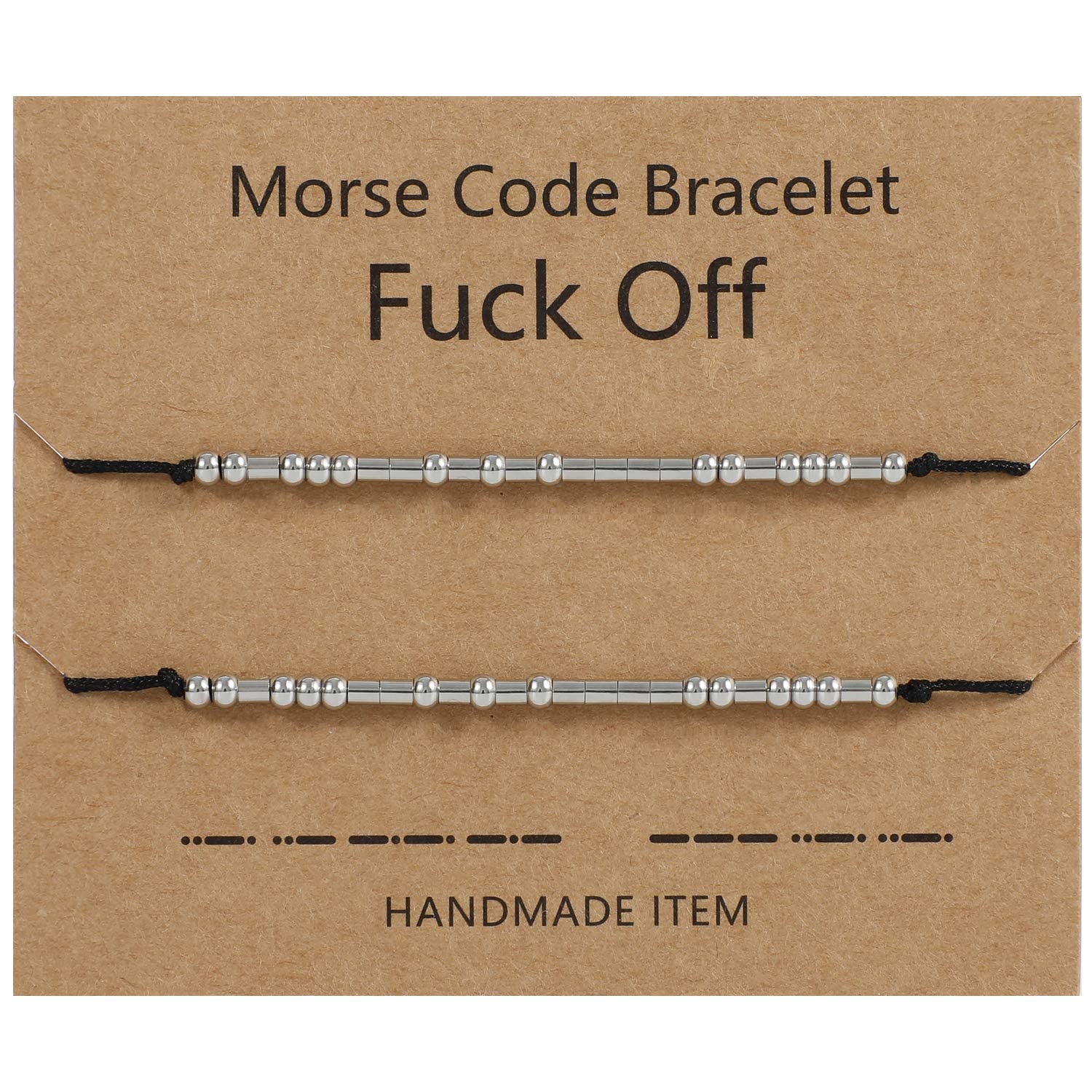 Jorywell Fuck Off Morse Code Bracelets, 3mm Silver and Gold Beads on Silk Cord Funny Bracelet for Women All Bad Things (1-1Silver+Silver)¡