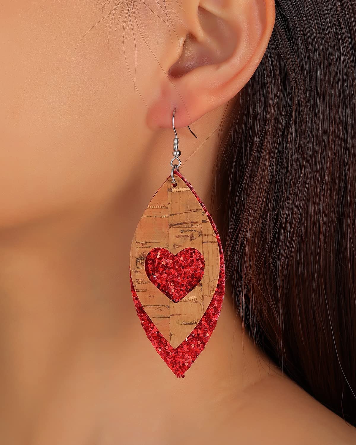 Honsny 20 Pairs Valentine's Day Faux Leather Earrings Set for Women Lightweight Teardrop Dangle Earrings Heart Stiped Water Drop Earrings