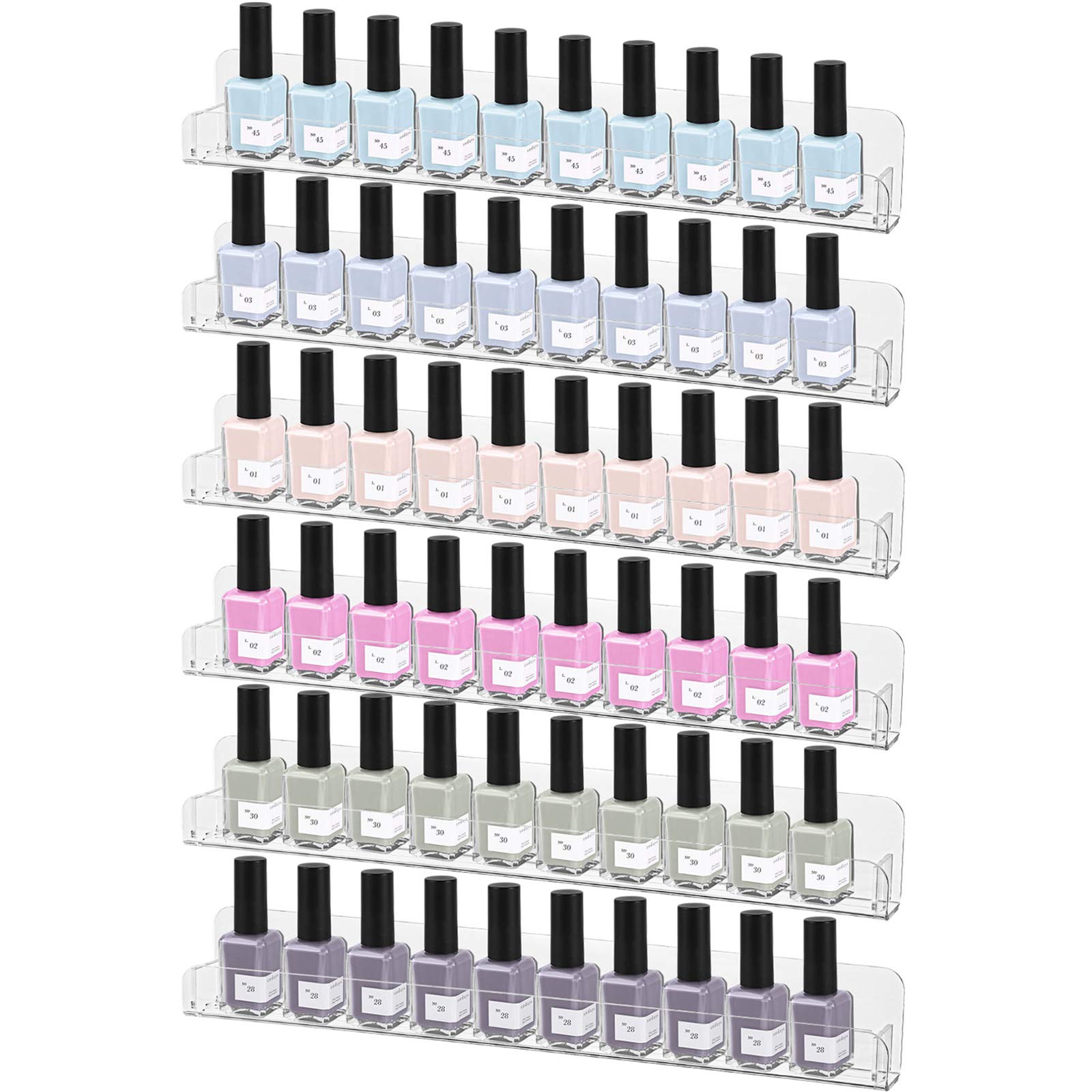 Hedume 6 Pack Nail Polish Rack Wall Mounted Shelf with Removable Anti-slip End Inserts, Nail Polish Wall Rack Shelves, Clear Acrylic Nail Polish Organizer Display for 70-90 Bottles