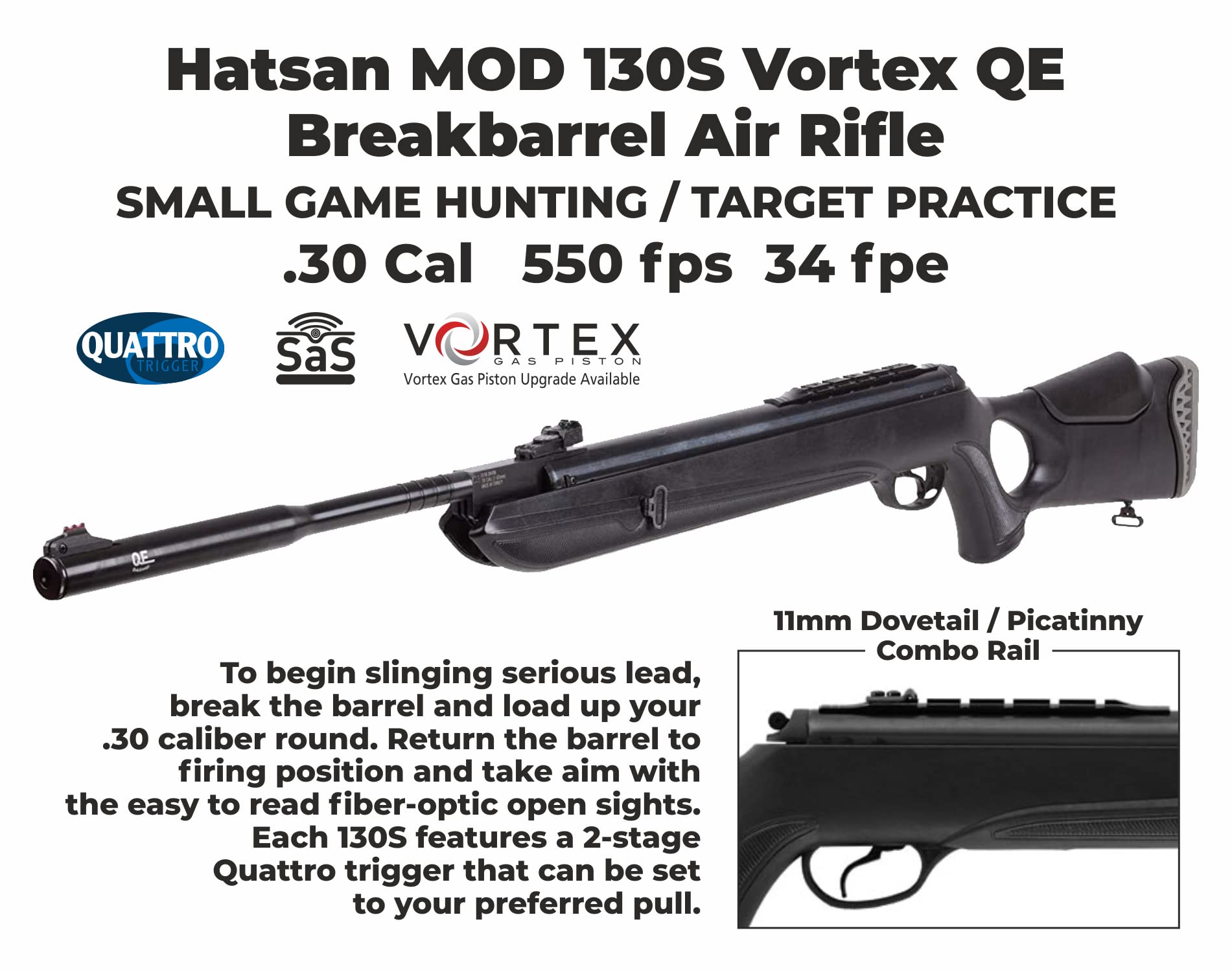 Hatsan Mod 130S Carnivore .30 Cal 600 FPS / 34 FPE - Big bore Break Barrel Air Rifle .30 Caliber w/Vortex Piston & QuietEnergy (QE)| Medium Game air Gun + Wearable4U Pack of 100x Pellets Bundle