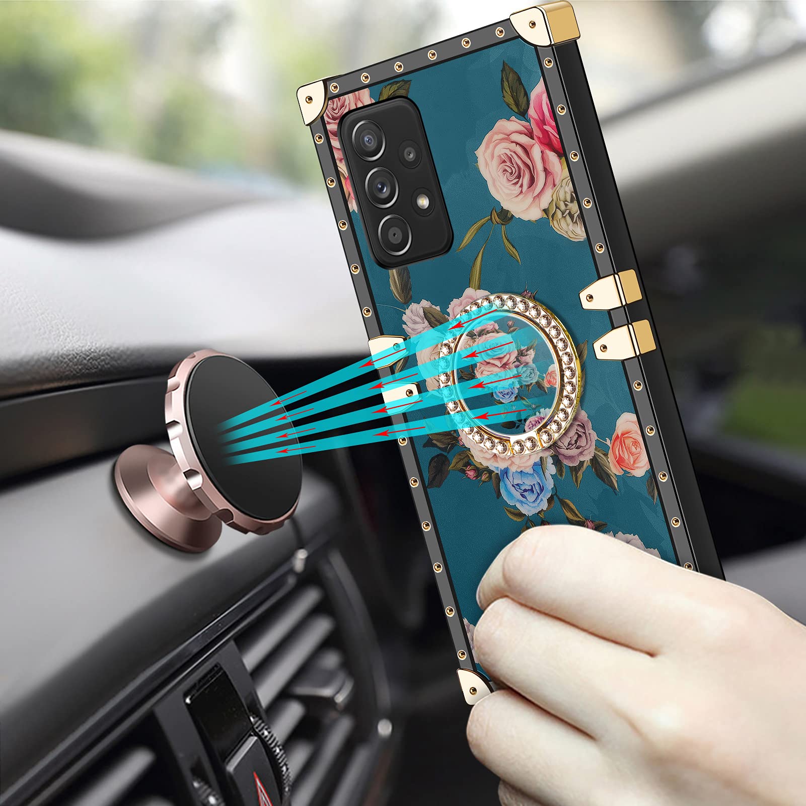 HoneyAKE for Samsung Galaxy A52 5G Case with Ring Stand Holder Floral Elegant Soft TPU Reinforced Corner Shock-Absorbing Protective Cover Square Case Compatible with Samsung Galaxy A52 6.5 inch Peony