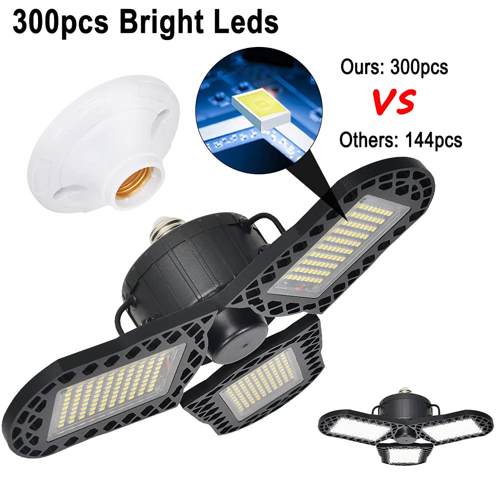 HengBo LED Garage Light, 80W Deformable Aluminum Bright Garage Ceiling LED Light with 3 Adjustable Panels, 8000LM 6500K Daylight E26 Base Trefoil Lamp with Light Socket for Garage, Warehouse, Workshop