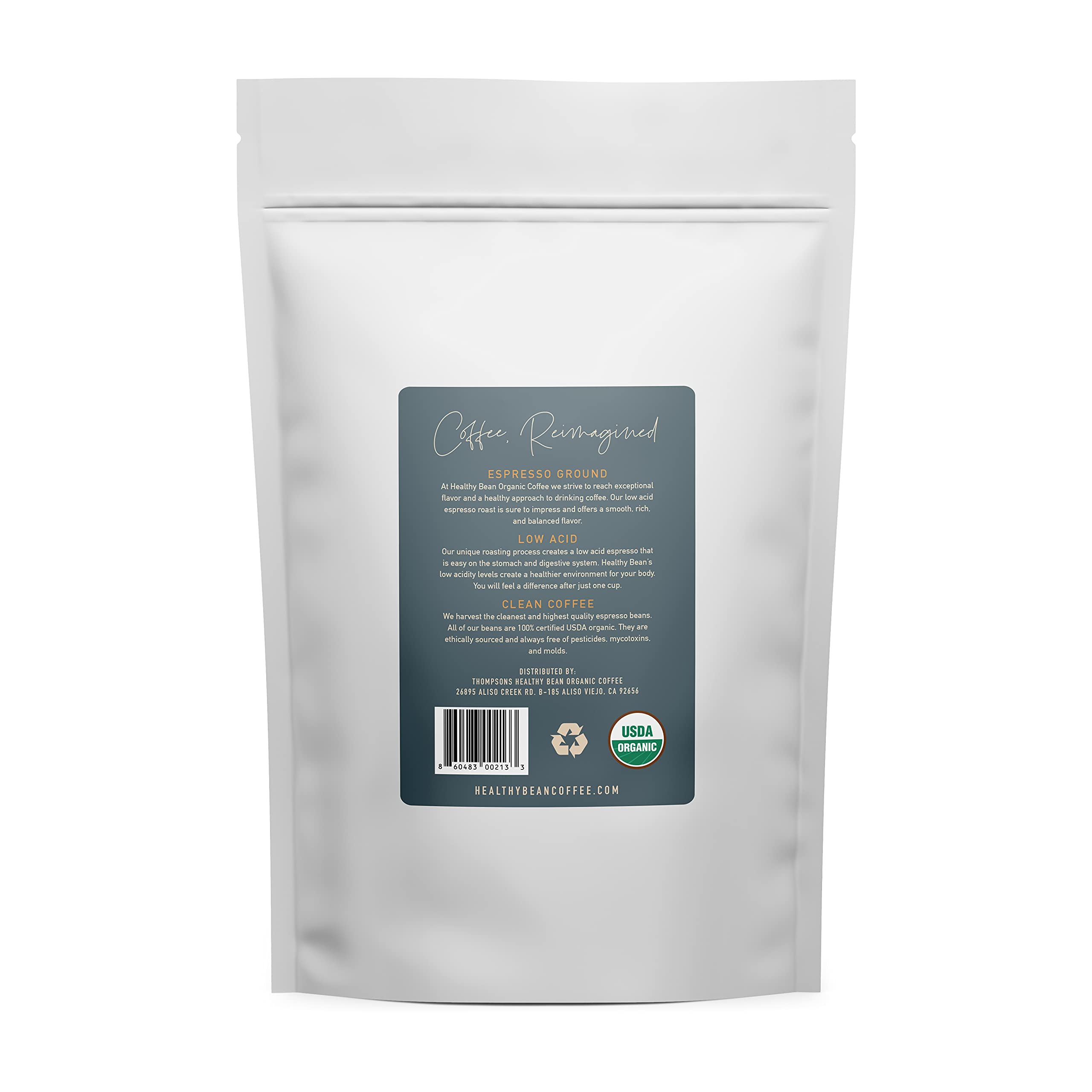 Healthy Bean Coffee - Organic Espresso Ground Coffee - Low Acid Coffee Grounds, Strong, Rich Flavor Clean Coffee, Healthy Coffee - USDA Organic Ground Espresso, Mycotoxin Free Coffee, 11oz