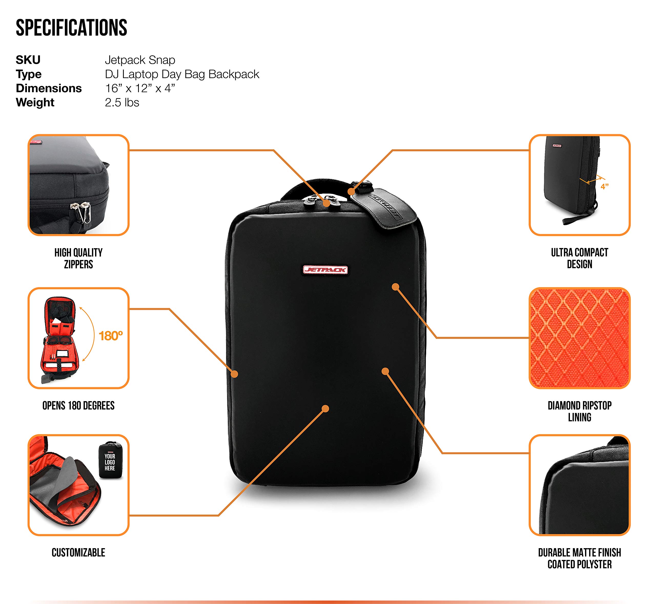 JetPack Snap Backpack for Non DVS, Club DJ Gig Set up, This Bag Protect Carry Mac, Laptop, Stand, Headphone, USB Mobile Devices, Cables, Microphone. Travel Friendly, Ultra Slim Design