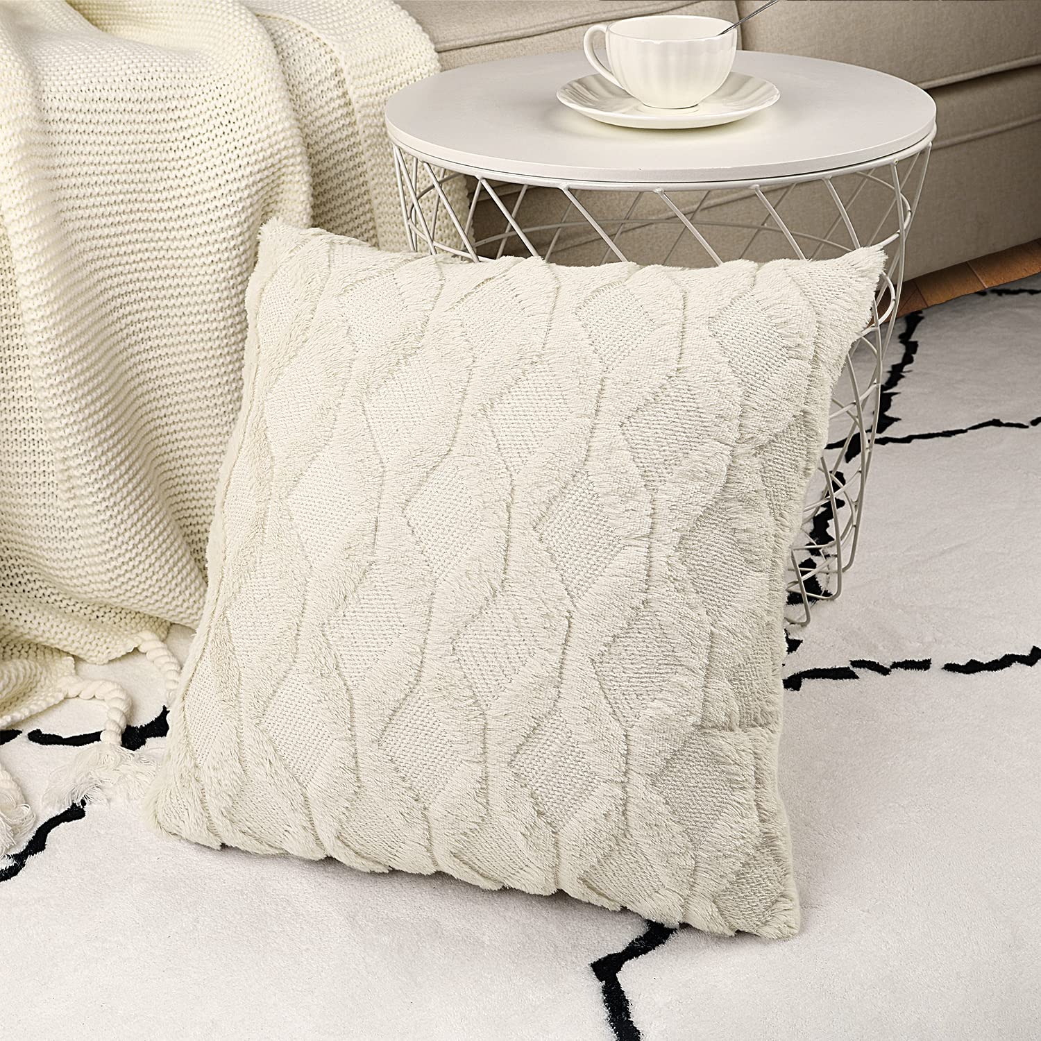Henzxi Set of 2 Throw Pillow Covers 18x18 Inches Farmhouse Decorative, Square Boho Cushion Case with Faux Velvet Soft Plush Short Wool, Beige