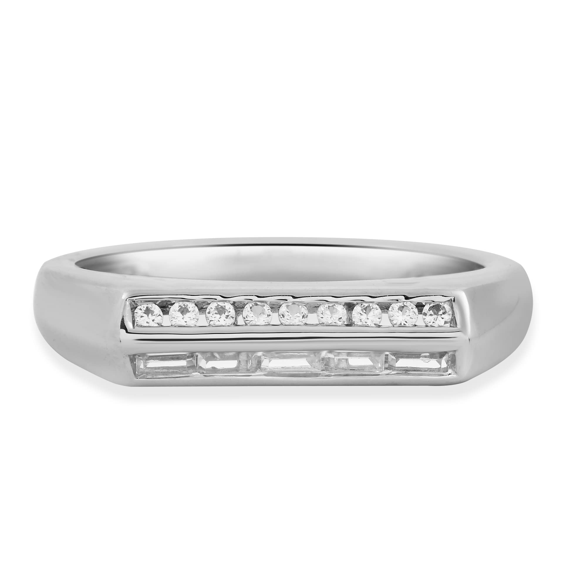 Jewelili Sterling Silver 2.5x1.25 MM Baguette and Round Created White Sapphire Engagement Ring, Size 7