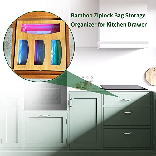 SOGUAOLO Bamboo Ziplock Bag Storage Organizer and Dispenser for Kitchen DrawerâFood Storage Bag Holders Compatible With Gallon, Quart, Sandwich & Snack Variety Size Bags.