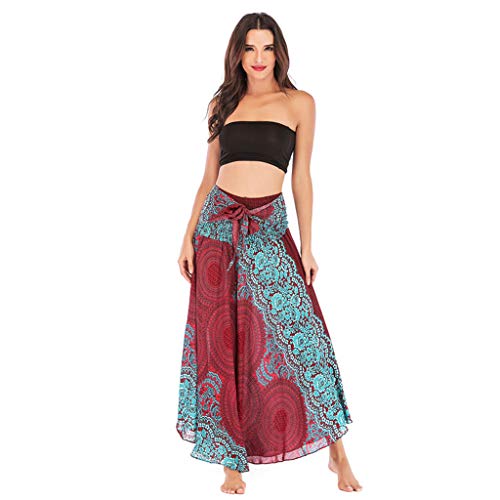 Long Skirts for Women Fall with Pockets Elegant Waist Boho Floral Flowers Elastic Gypsy Halter Bohemian Hippie Skirt Red