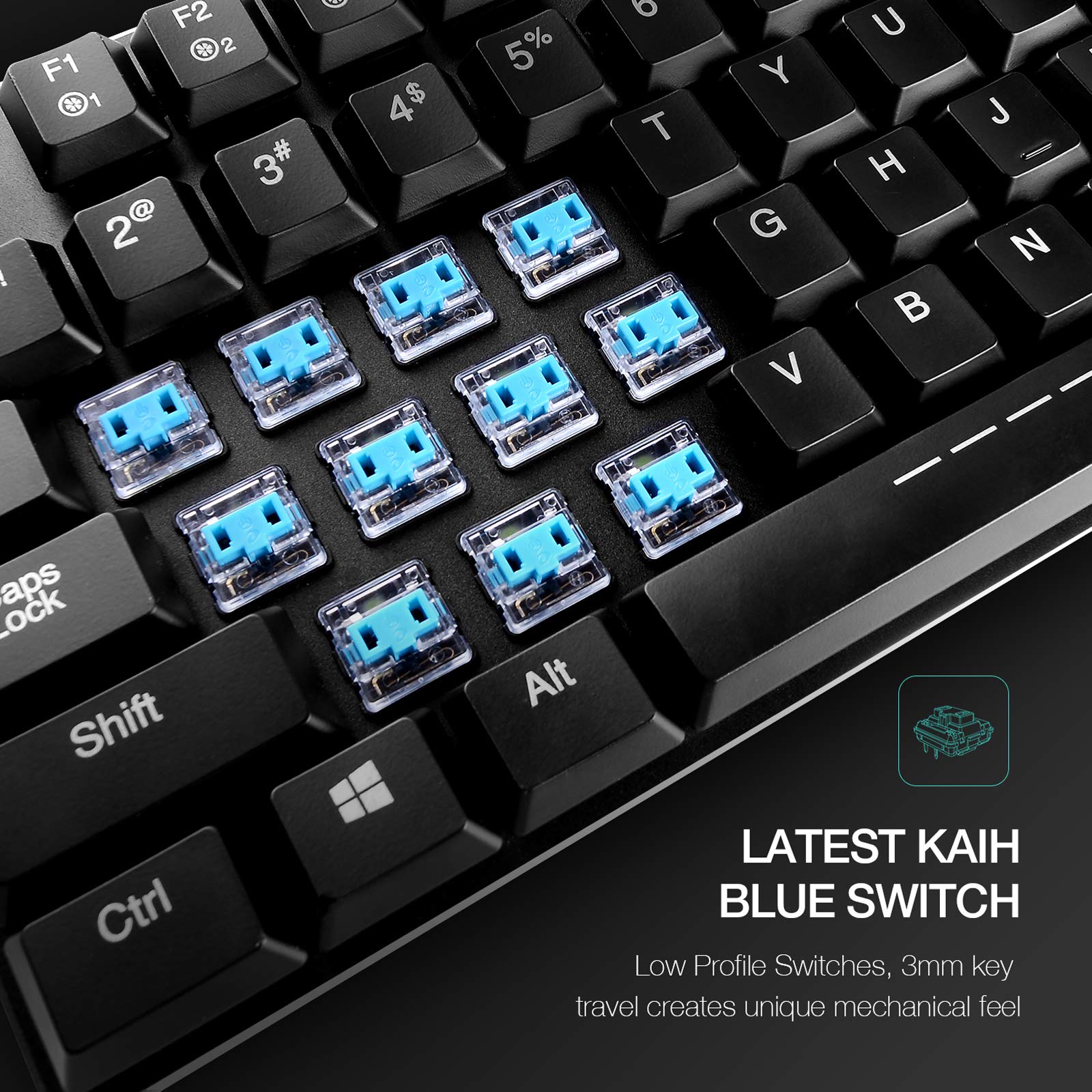 havit Mechanical Keyboard Backlit Wired Gaming Keyboard Extra-Thin & Light, Kailh Latest Low Profile Blue Switches, 87 Keys N-Key Rollover (Black)