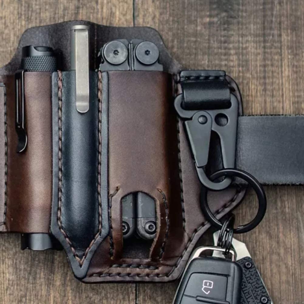 Leather Multitool Sheath, EDC Belt Pocket Organizer, Flashlight Holster, Storage Belt Waist Bag for Camping, Leatherman Sheath with Pen Holder, Key Fob (Black)