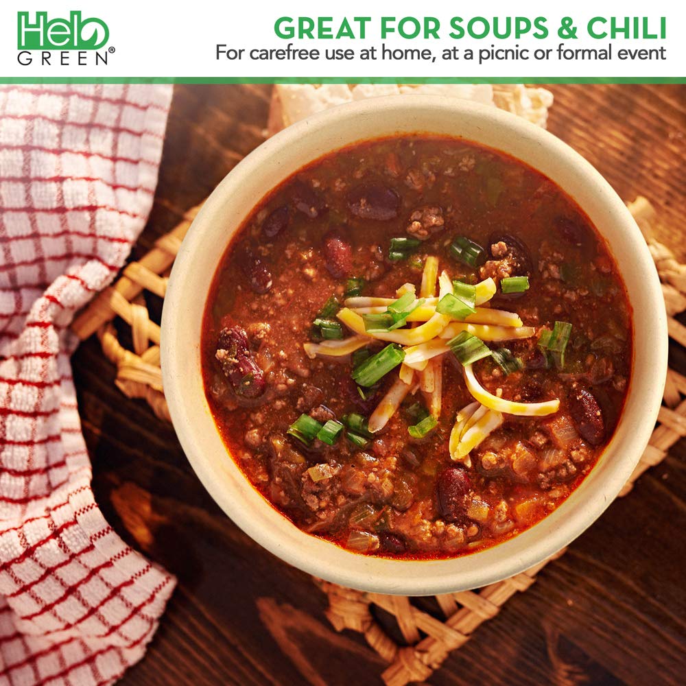 HeloGreen 24 oz. 50 Count 100% Compostable Bowls β Paper Bowls, Eco Friendly Biodegradable, Disposable Bowls, Hot Soup and Cold Food, Heavy-Duty Quality, Natural, Made of Bagasse Sugar Cane Fibers