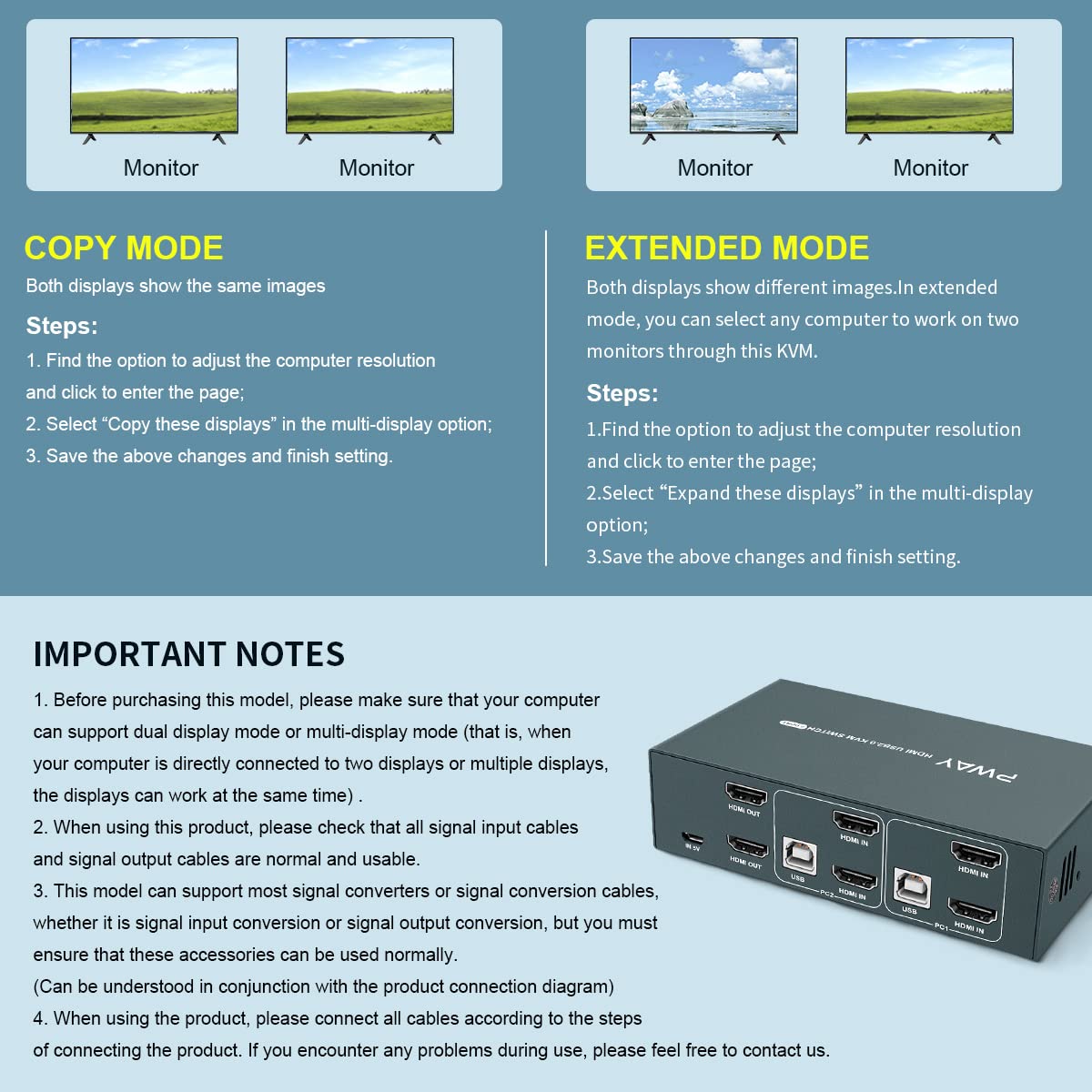 GREATHTEK Dual Monitor HDMI KVM Switch 2 Port, 2 USB 2.0 Hub, UHD 4K@30Hz YUV4:4:4 Downward Compatible, USB Powered, Hotkey Switch, with Cables