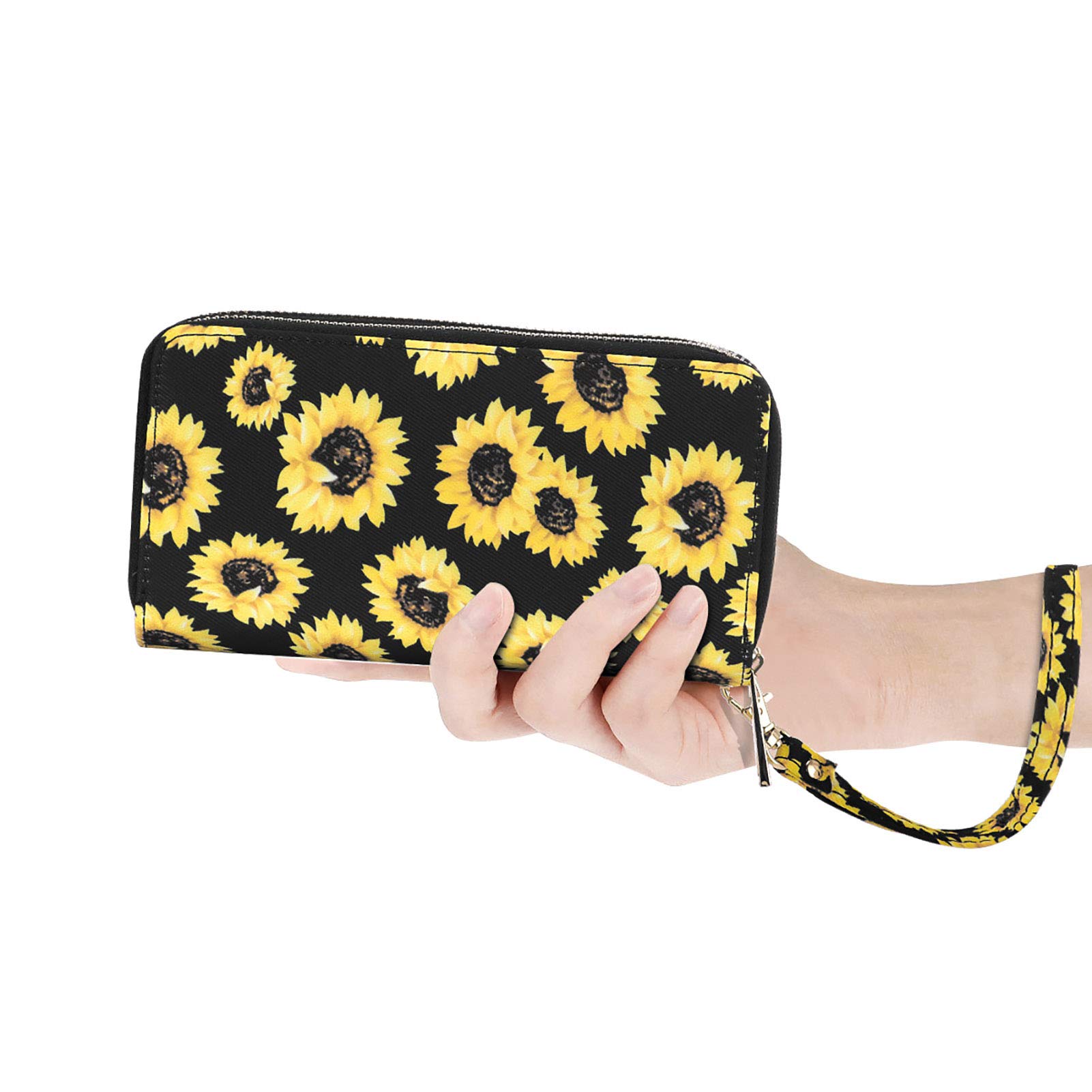 HAWEE Cellphone Wallet for Women Dual Zipper Long Purse with Removable Wristlet, Sunflower