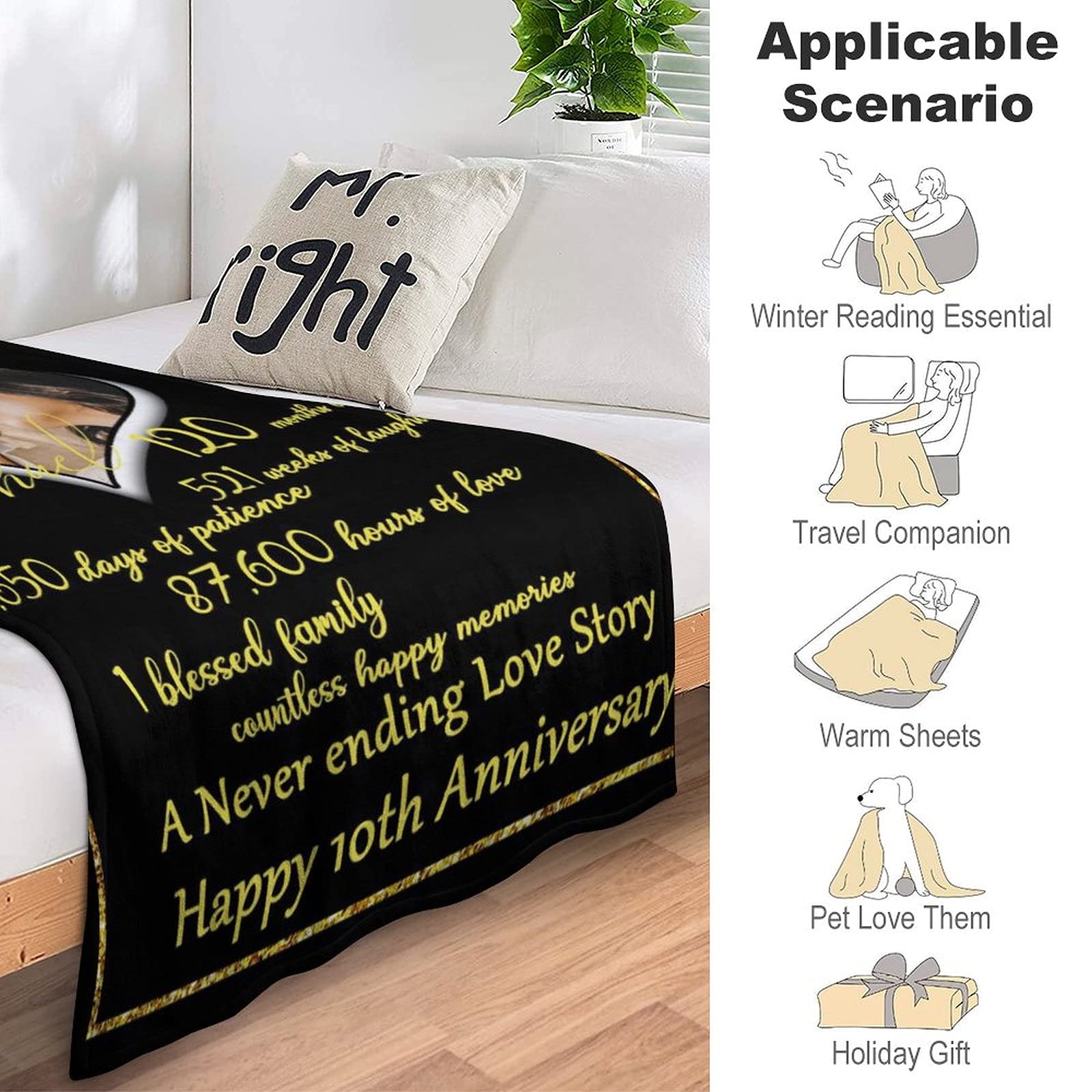 Personalized Anniversary Throw Blanket, 10 Year Anniversary Wedding Gifts for Couple Parents, Customized Soft Warm Lightweight Flannel Fleece Blanket, Couples Blanket Full Size for Valentine Birthday