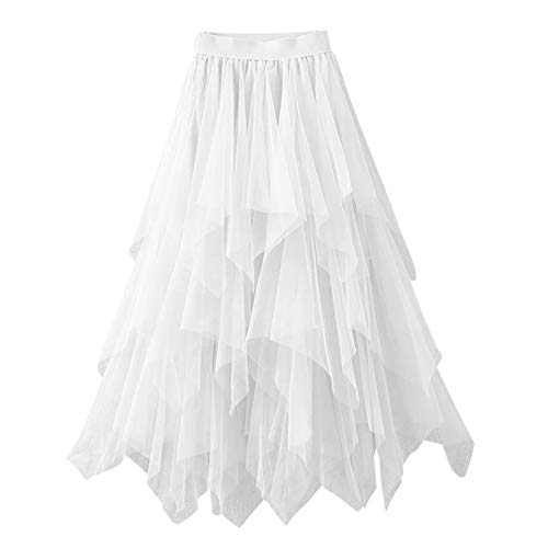 Long Tulle Skirt for Women White Vacation Waist A Line Elastic Spring Solid Color Mesh High Night High Slit