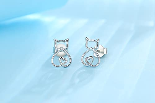INFUSEU Small Cat Earrings for Women Teen 925 Sterling Silver Cute Kitty Kitten Animal Ear Studs Tiny Jewelry