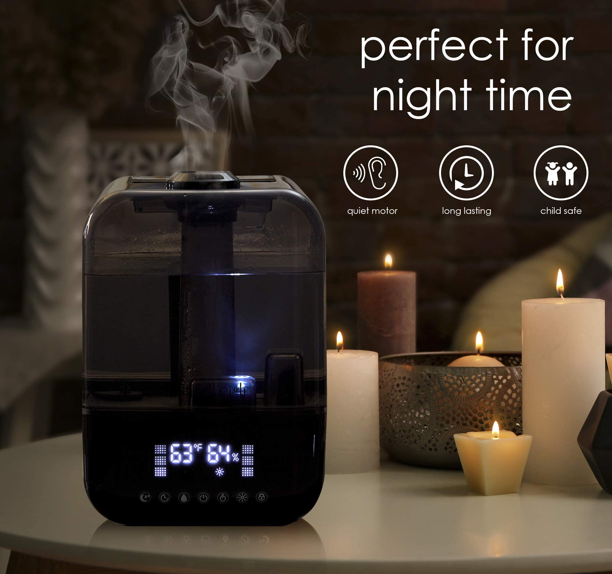 HemingWeigh Ultrasonic Mist Air Humidifier with Remote Control and Filter, Gray and Black, 1.2 Gallon