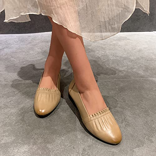 Ladies Fashion Solid Color Leather Folds Shallow Soft Sole Flat Casual Shoes Loafer Heel Khaki