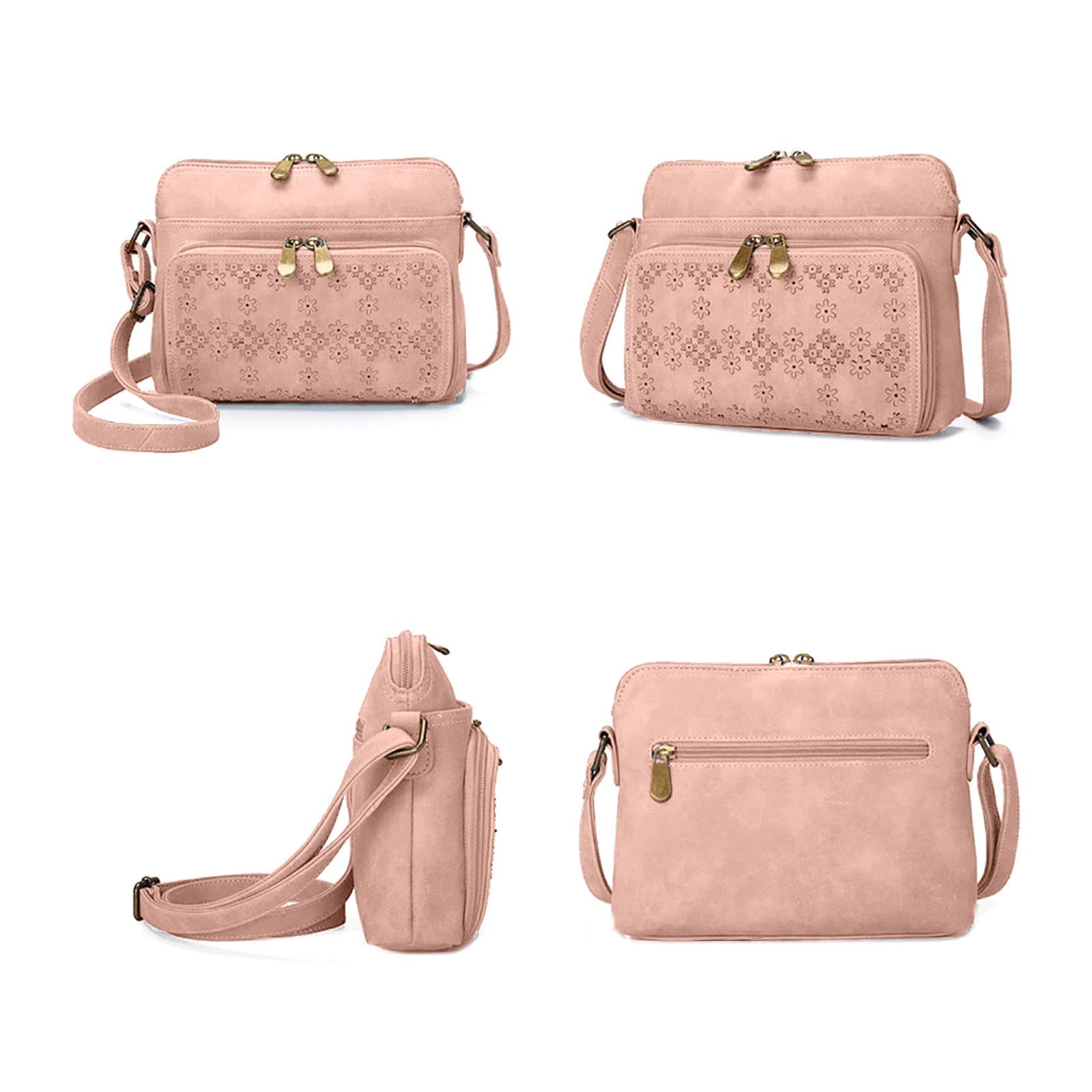 JOSEKO Crossbody Lightweight, Women Solid Multi-pockets Casual PU Leather Crossbody Shoulder Bag Pink