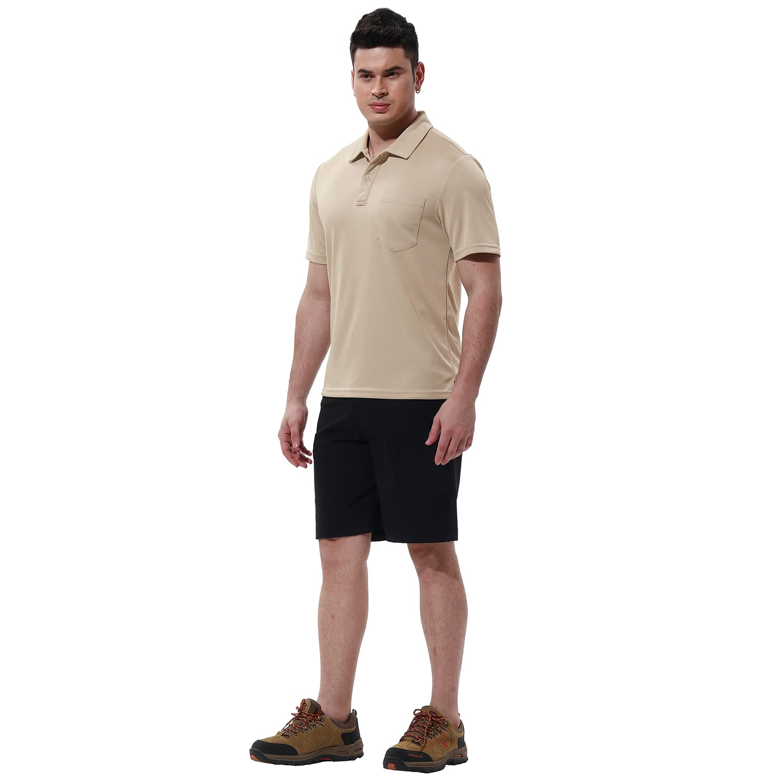 JHMORP Men's Golf Polo Shirts Collared Shirts Short Sleeve Quick Dry Outdoor Shirts with Pocket Khaki,L