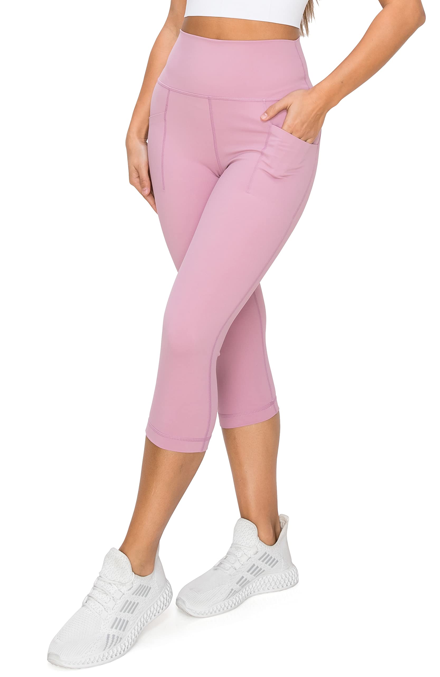 ING Athletics Women's Capri Leggings - High Waisted Tummy Control 4 Way Stretch Active Yoga Workout Pants with Side Pockets CC2002B Lilac L