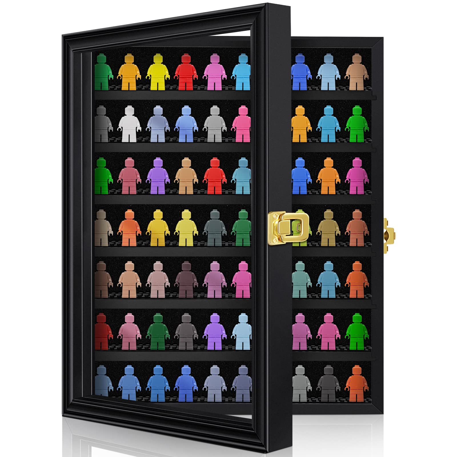 Mlikero Minifigure Display Case, 7 Rows Display Cases for Collectibles Wall Mount with 98% UV Protection Acrylic Door Clear View for Small Objects Lockable Large Black