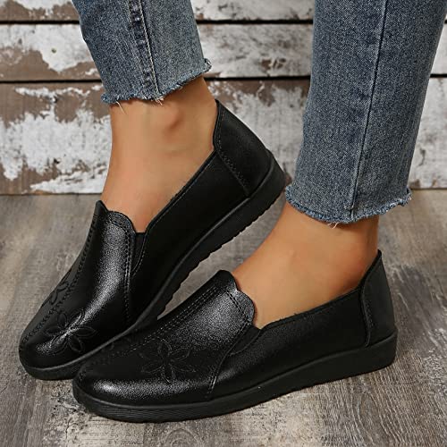 Ladies Fashion Solid Color Leather Flower Embroidery Flat Comfortable Casual Shoes Rubber Sole Shoe