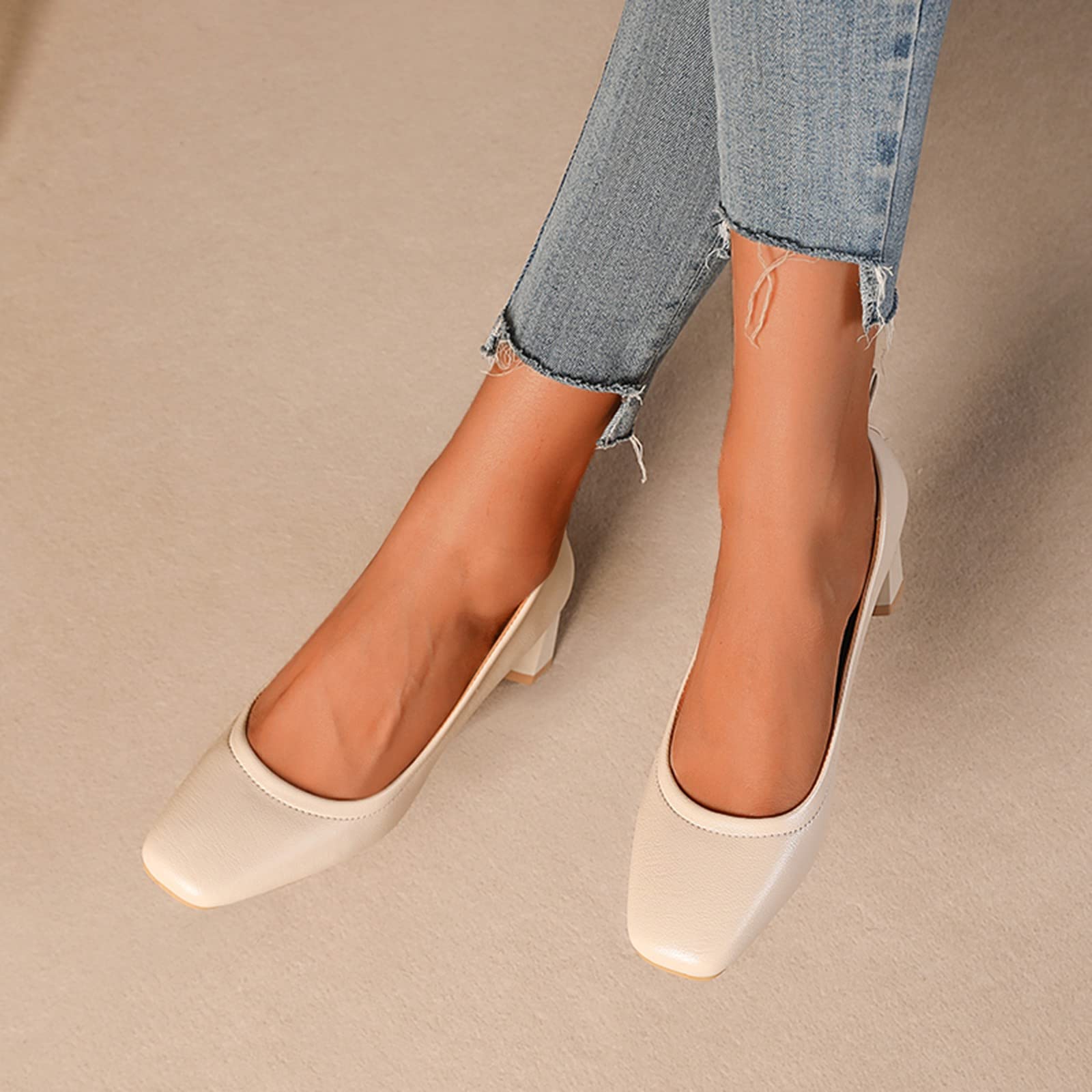 Ladies Fashion Solid Color Leather Square Head Thick High Heeled Casual Shoes Chunky Platform Loafer Beige