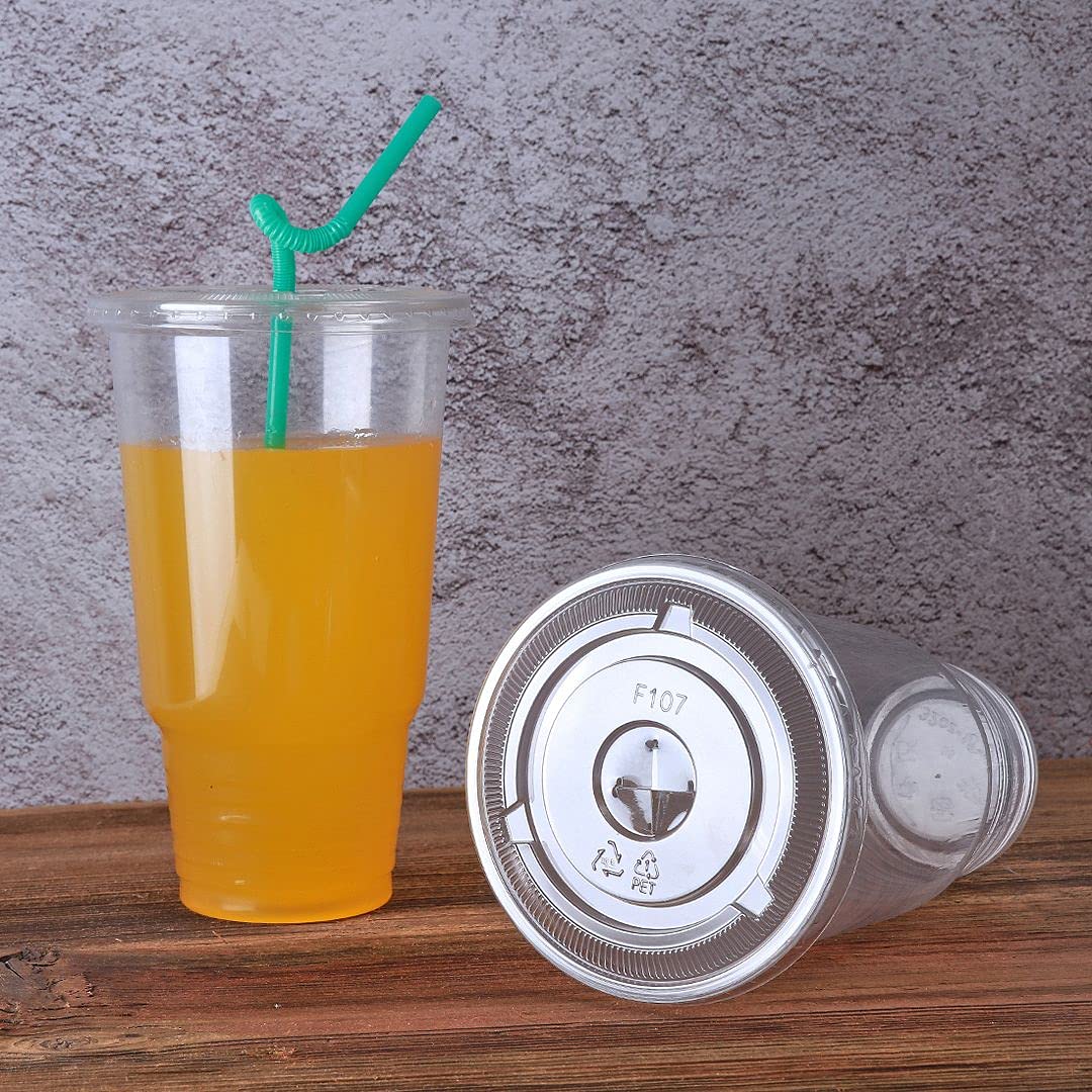 InhabitAtiveness,32 oz 50 sets clear Disposable Plastic Cups with Flat Lids Party Cup for Cold Drinks,Snack Cups,Iced Coffee Cups,Dessert Cups,Bubble Boba Cups,Tea cups,Smoothie Cups.