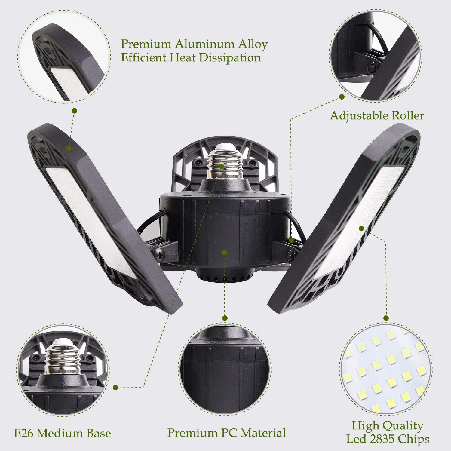 HANJION Garage Light LED Garage Light E26/E27 Garage Lights 100W Deformable LED Garage Lighting with 3 Adjustable Panels 6000K Daylight White , 10000LM LED Shop Lights for Garage, Barn, Shop