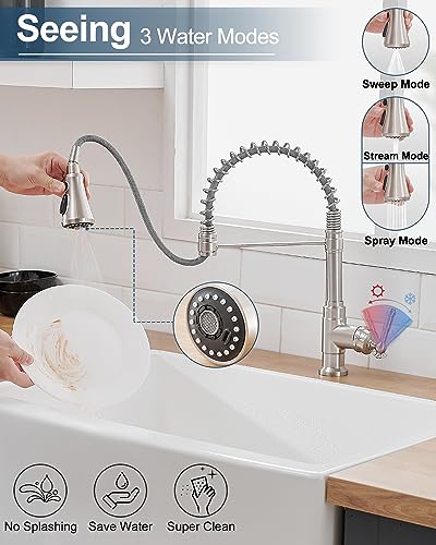 HOIGY Brushed Nickel Pull Down Kitchen Faucet and Bathroom Sink Faucet Set, 3-Function Pull-Out Kitchen Faucets with Deck Plate, 3 Hole Widespread Bathroom Sink Faucet with Pop-up Drain