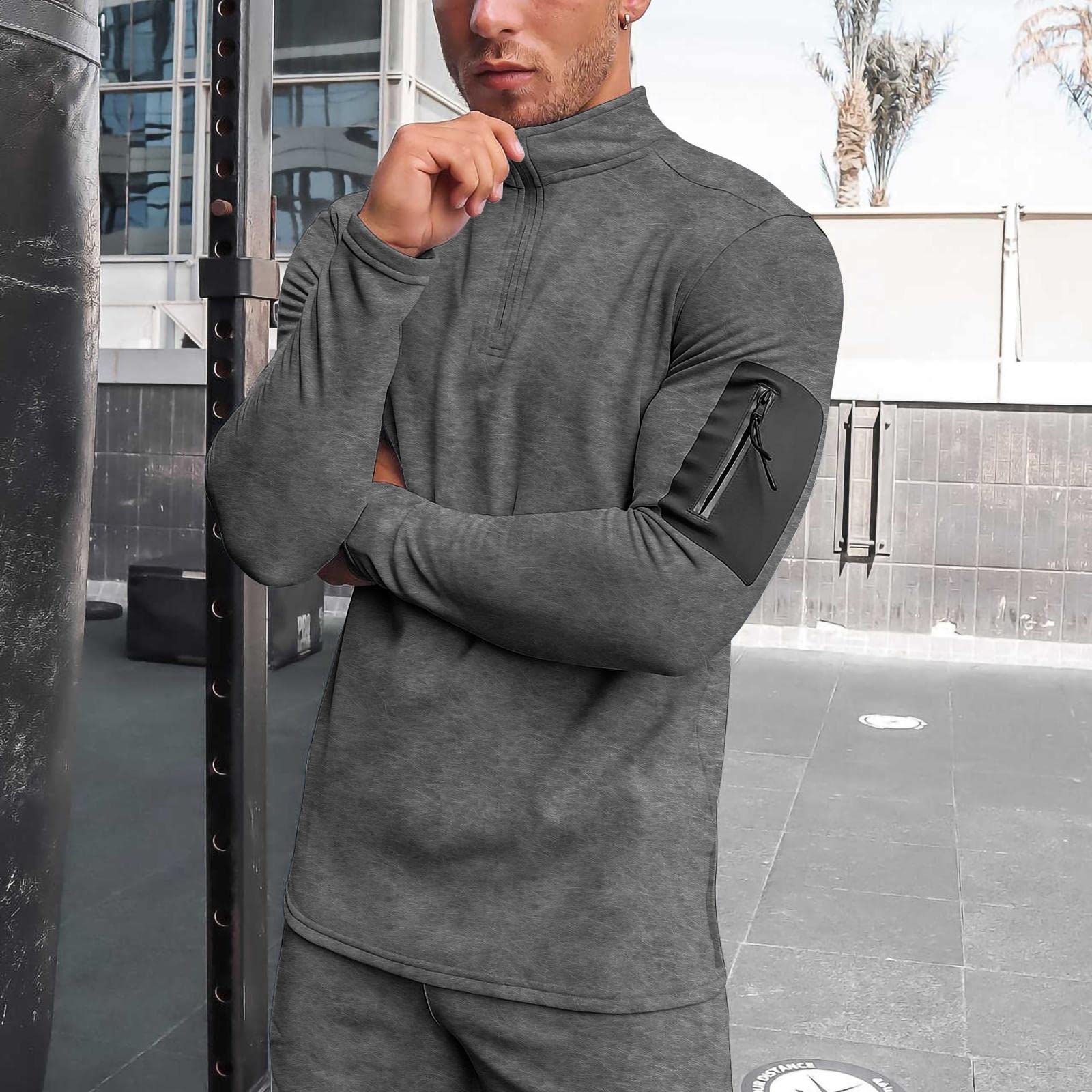 Mens Quarter Zip Athletic Pullover Long Sleeve Dry Fit Active Sports Sweatshirt Running Outdoor Shirts Dark Grey