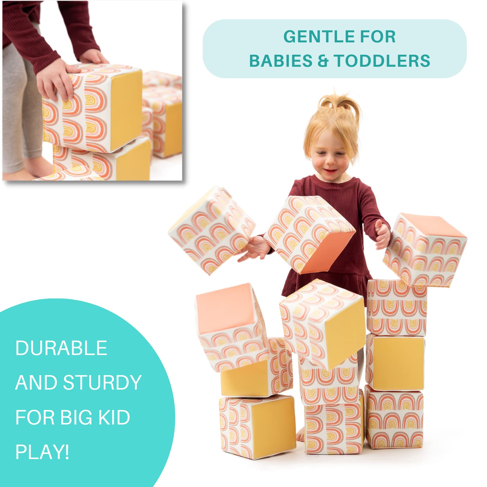 JumpOff Jo β Soft Foam Block Playset β Set of 12 Baby & Toddler Building Blocks 6"x6", Vegan Leather, Soft Play Stacking Toys for Babies & Toddlers β Boho Rainbow